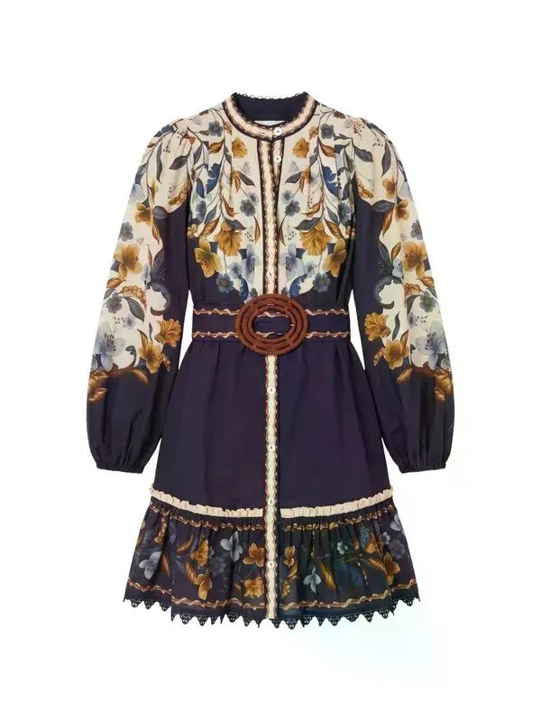 Farm Rio Golden Nature Belted Long-sleeve Mini Dress - Blue