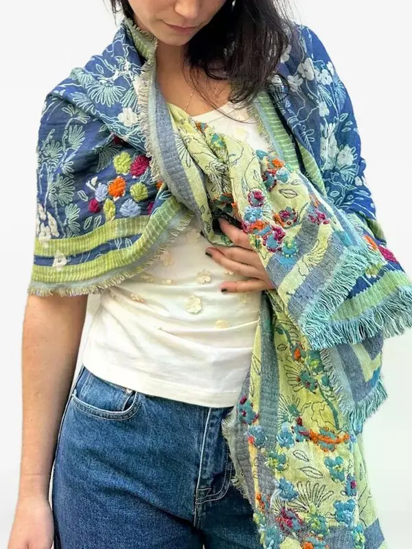LEATHERSMITH OF LONDON Embroidered Patchwork Floral Scarf - Blue