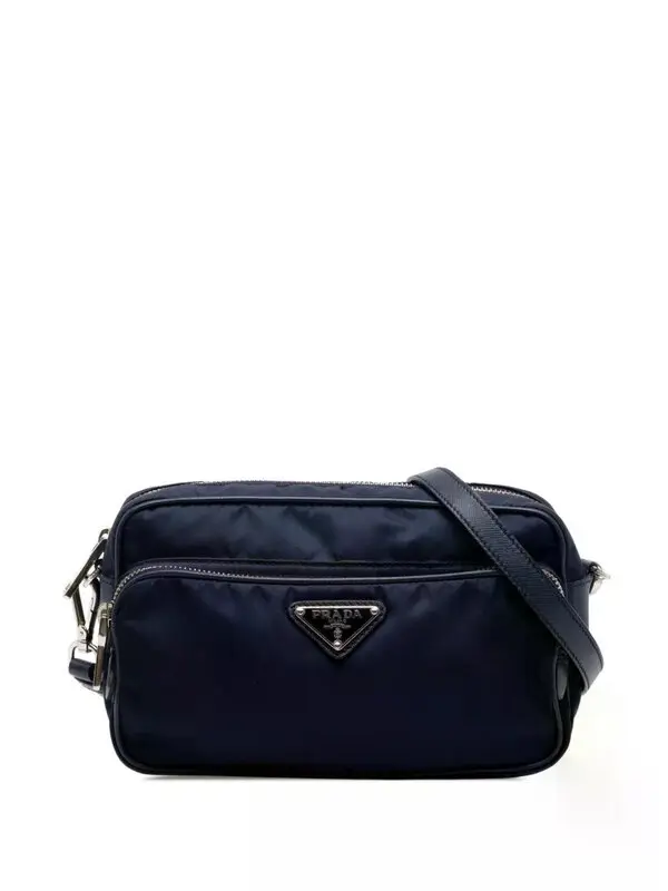 Prada 2013-2026 Saffiano Trimmed Tessuto Camera Bag Crossbody Bag - Blue