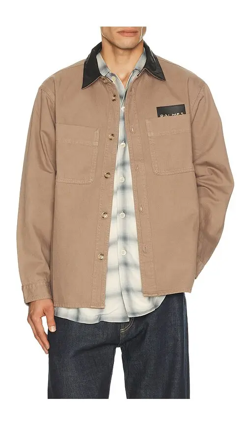 PALMES Twill Leather Collar Overshirt In Brown - Fossil
