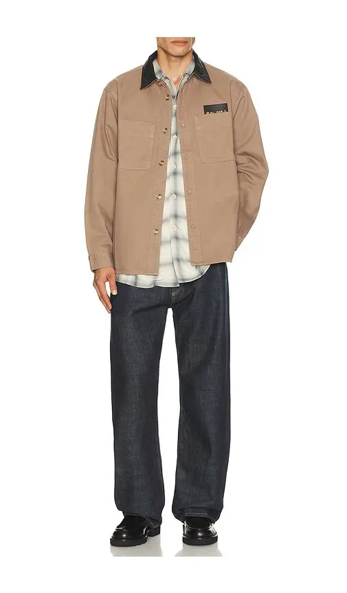 PALMES Twill Leather Collar Overshirt In Brown