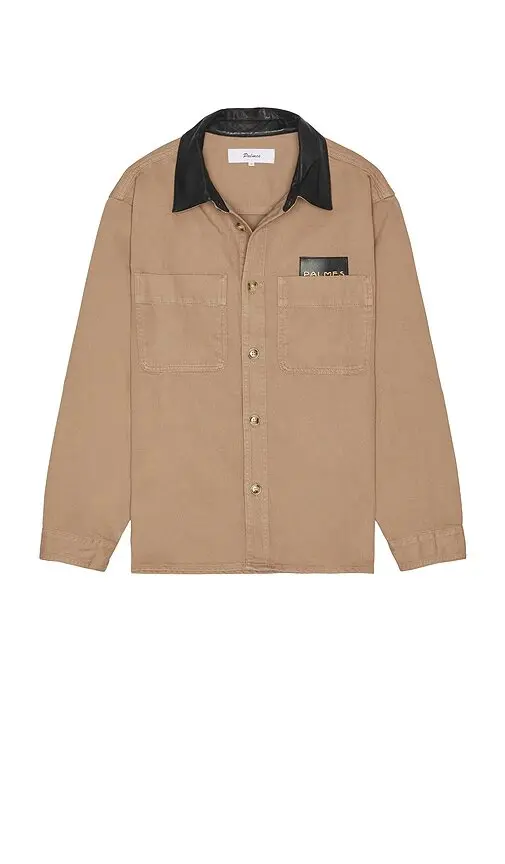 PALMES Twill Leather Collar Overshirt In Brown