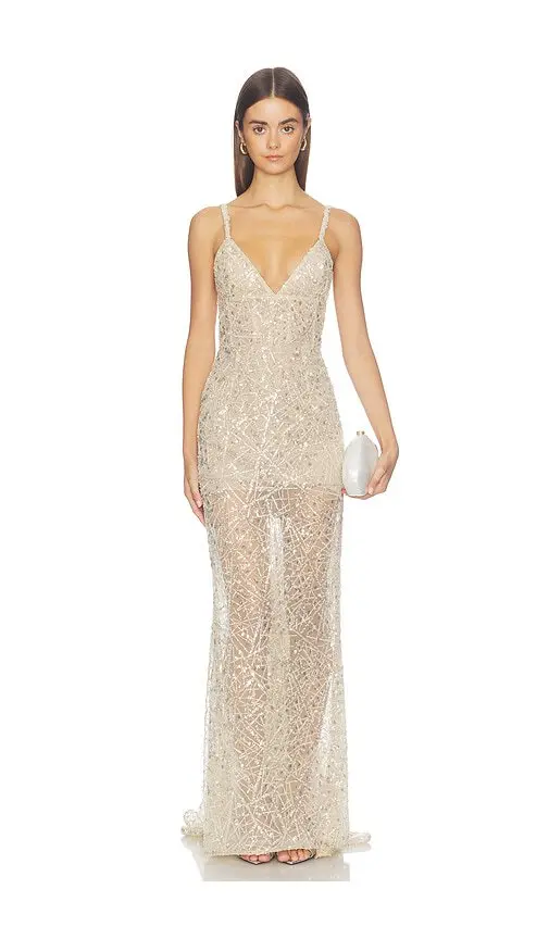 BRONX BANCO V-neck Embellished Gown In Silver
