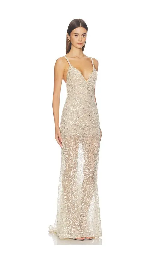BRONX BANCO V-neck Embellished Gown In Silver