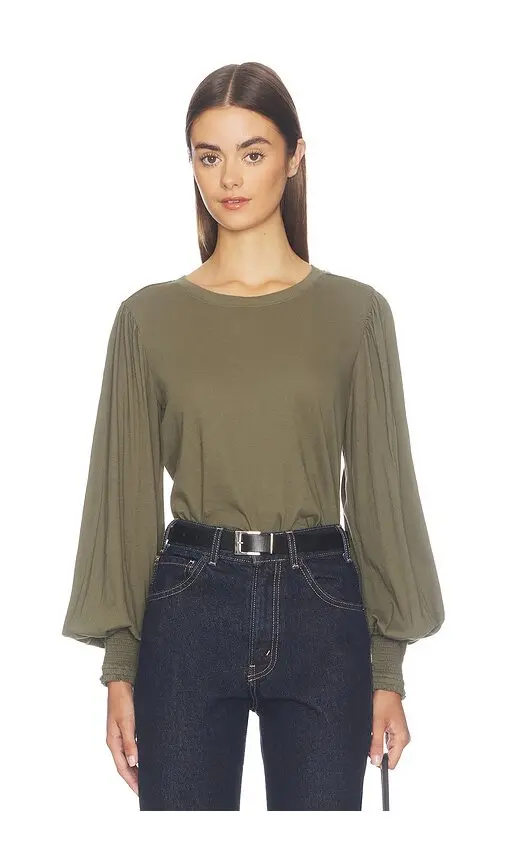 BOBI Smocked Cuff Rib Neck Tee In Green