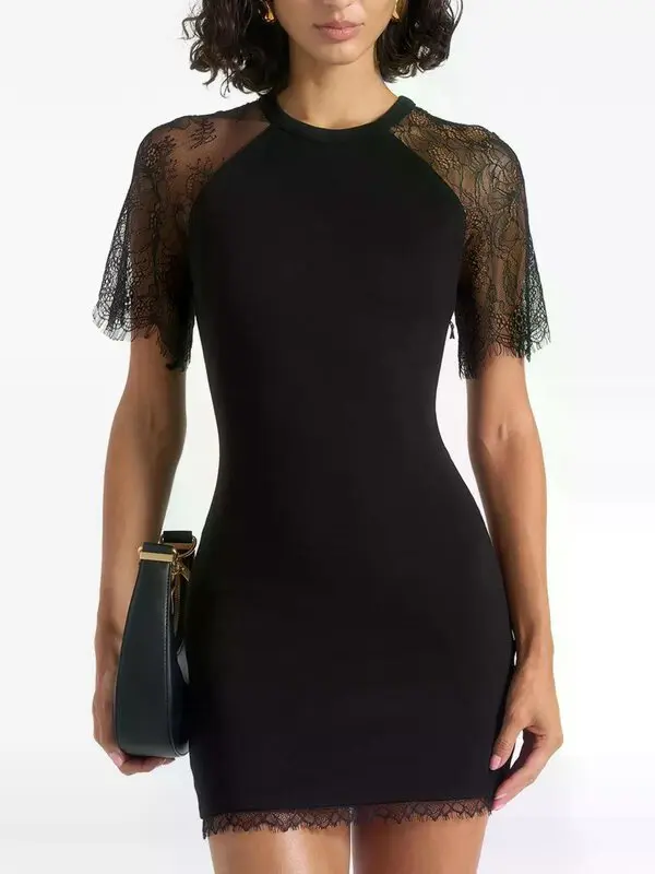 Manière De Voir Nadia In Chantilly Lace-sleeve Mini Dress With Lace-up Back - Black