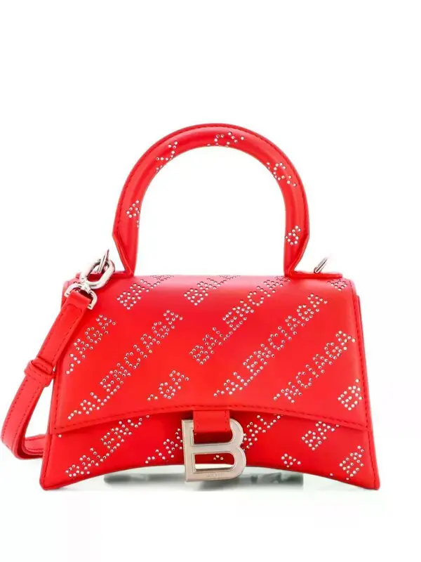 Balenciaga Hourglass Top Handle Bag Leather With Allover Logo Crystals Xs Satchel - Red