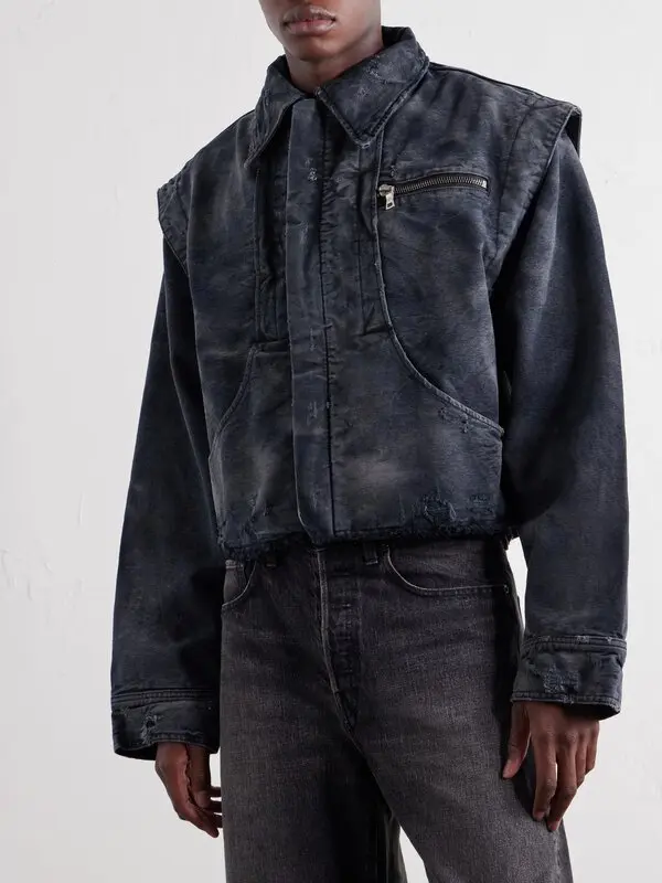 SEKRIT Chopper Cropped Distressed Cotton-canvas Bomber Jacket