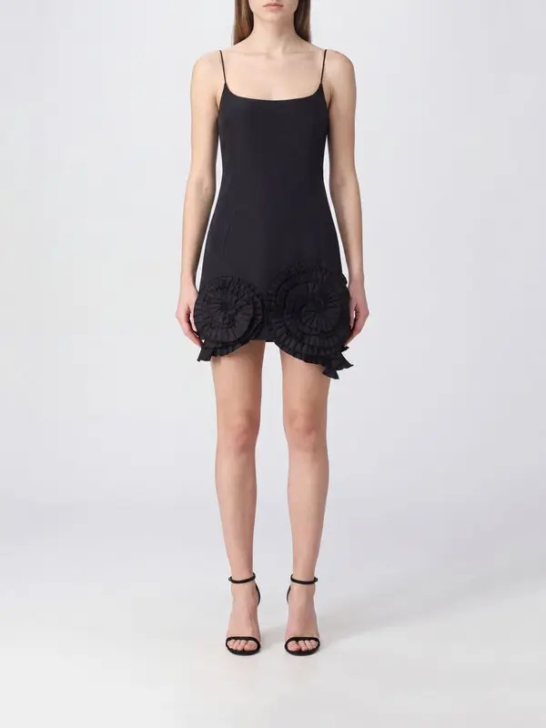 Blumarine Taffeta Mini Sheath Dress With Square Neckline And Flower Appliqu - Black