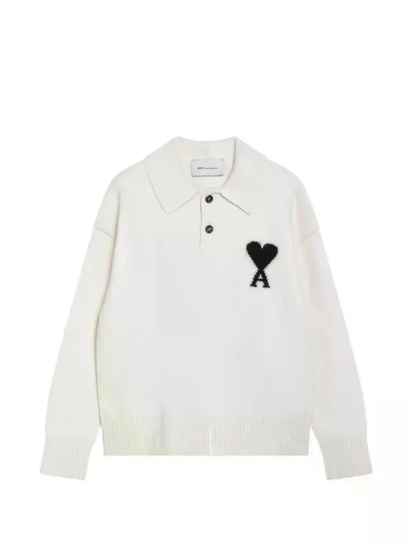 AMI Paris White Wool Polo With De Coeur