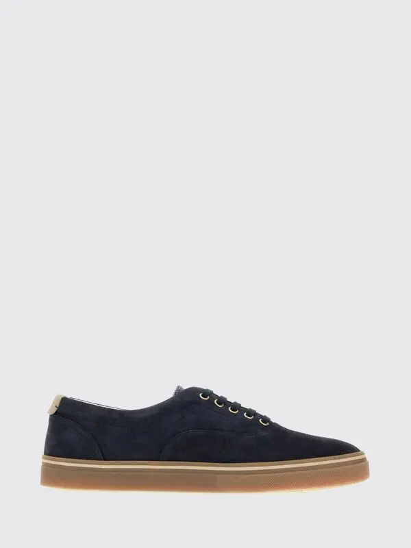 Brunello Cucinelli Low Top Calfskin And Suede Sneakers With Laminated Logo - Blue