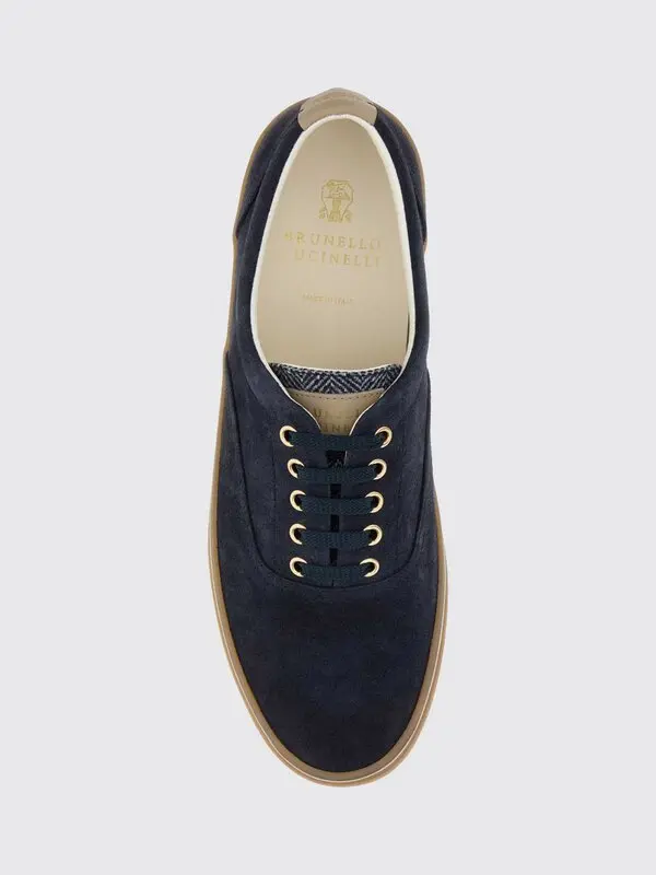 Brunello Cucinelli Low Top Calfskin And Suede Sneakers With Laminated Logo