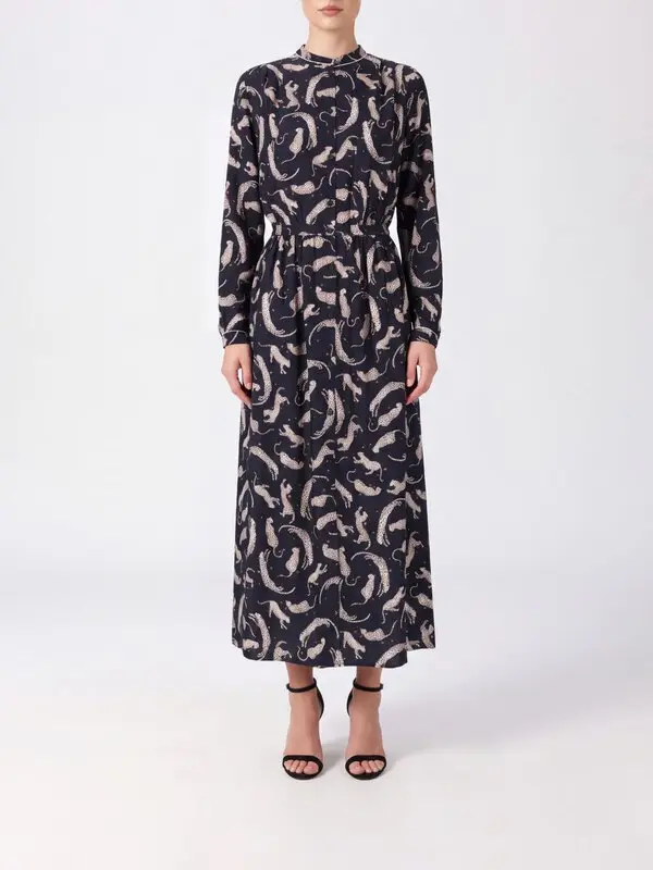 FORTE_FORTE Fauna Print Midi Viscose Shirtdress With Mandarin Collar - Blue