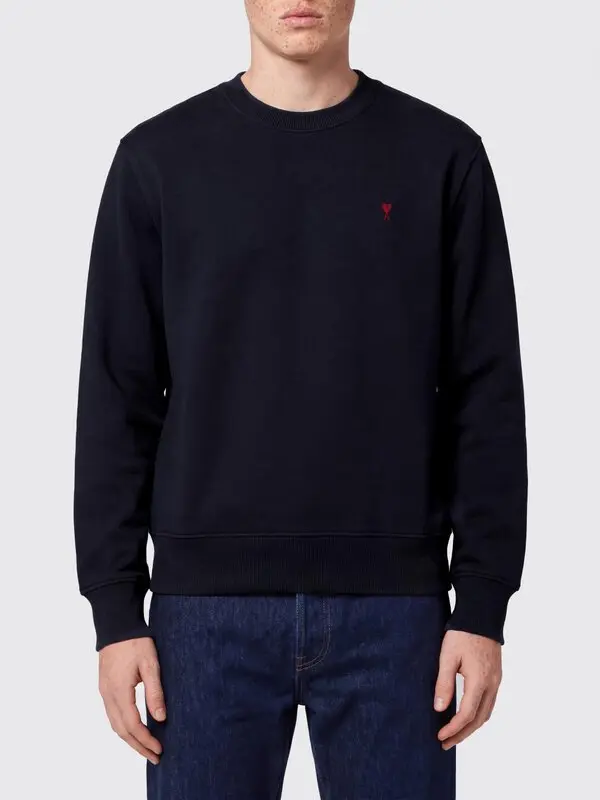 AMI Paris Cotton Crewneck Sweatshirt With Embroidered Monogram Logo - Blue