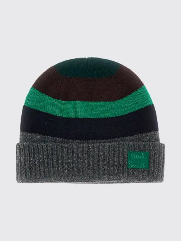 Paul Smith Multi Striped Lambswool Beanie With Turn-up Cuff - Grey