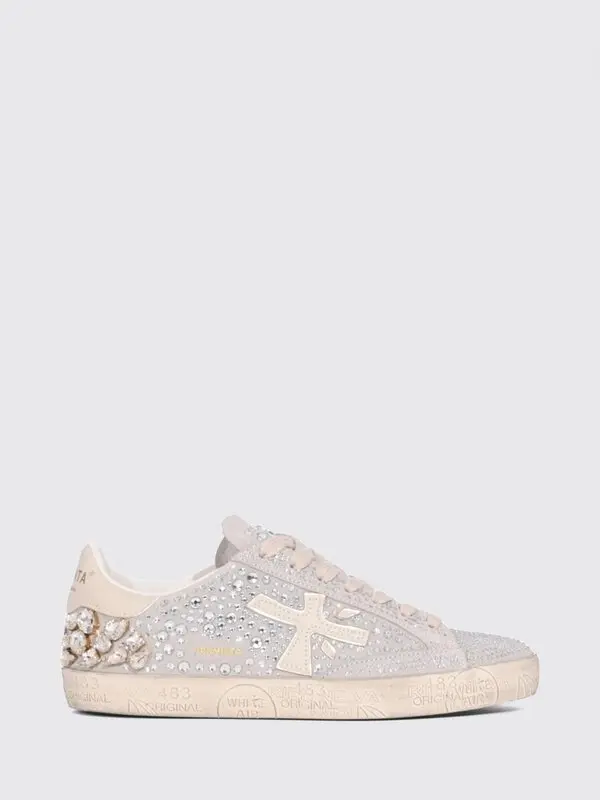 Premiata Stevend Low Top Sneakers In Leather And Suede With Rhinestone Application - Silver