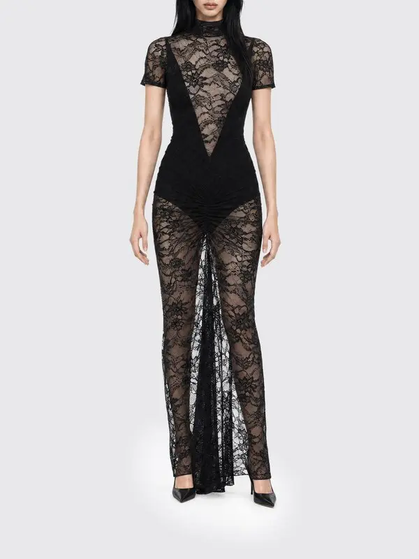 Andamane Palma High-neck Long Lace Evening Gown With Short Sleeves