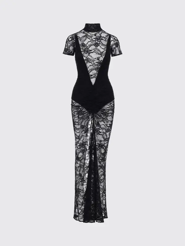 Andamane Palma High-neck Long Lace Evening Gown With Short Sleeves
