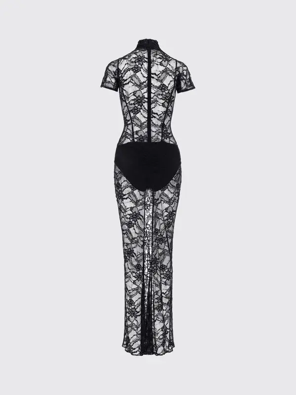 Andamane Palma High-neck Long Lace Evening Gown With Short Sleeves