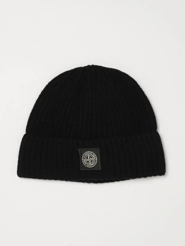 Stone Island Ribbed Wool Beanie With Compass Logo Patch - Black