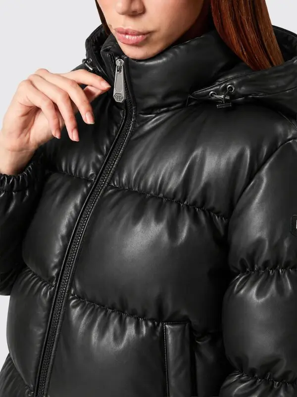 Philipp Plein Short Quilted Synthetic Leather Puffer Jacket With Hood