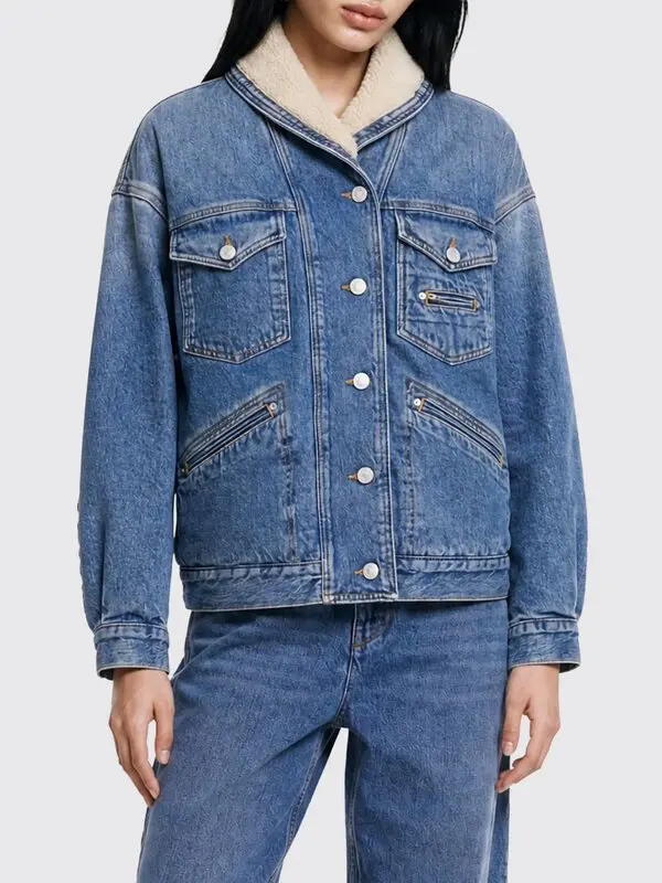 Isabel Marant Étoile Cropped Denim Jacket With Fur Shawl Collar - Blue