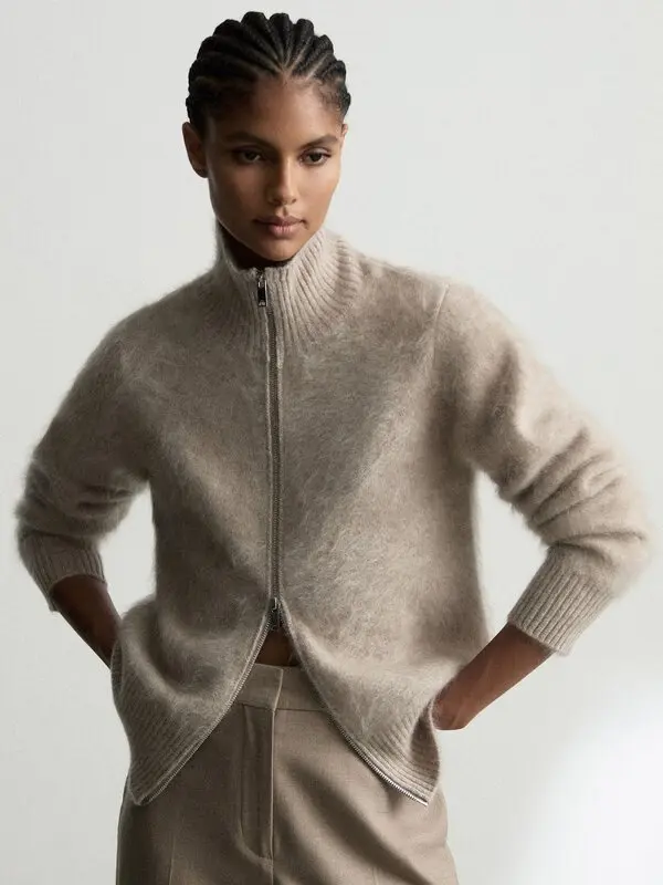 REISS Sophie Brushed Cashmere Zip-through Cardigan - Neutral