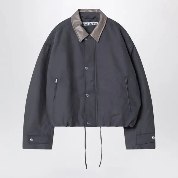 Acne Studios Organic Cotton Satin Bomber Jacket With Leather Collar - Grey
