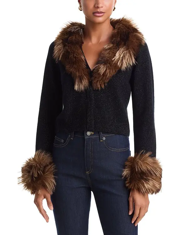 Cinq À Sept Della Faux Fur Trim Wool V Neck Cardigan - Black