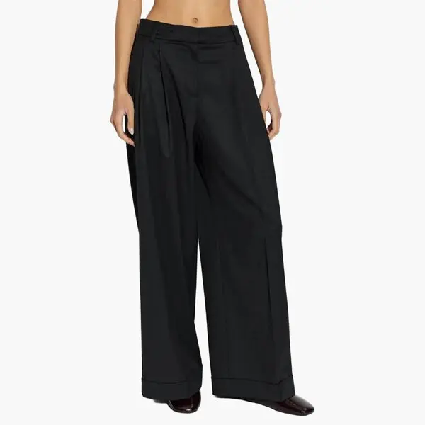 GANNI Calendered Wool Oversized Pleated Pants - Black