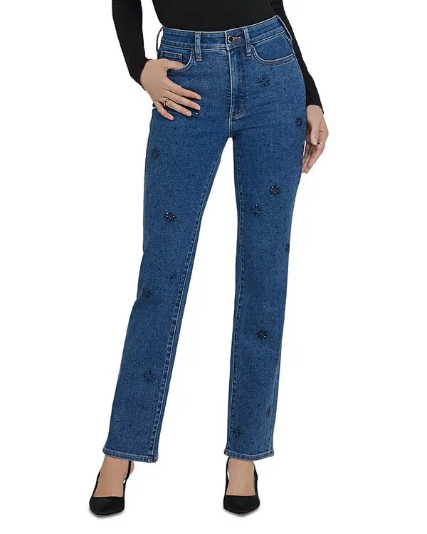 NYDJ Marilyn High Rise Floral Stone Detail Straight Jeans - Hosta