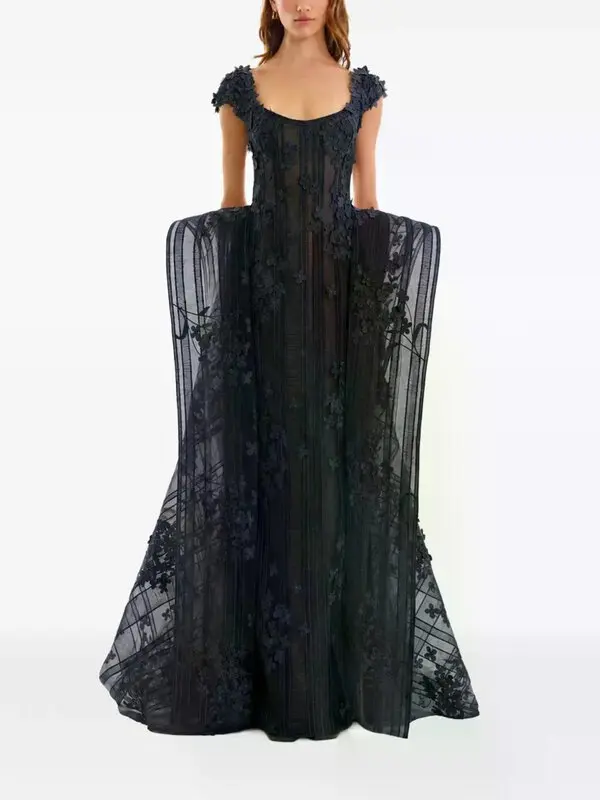 GEMY MAALOUF Floral-embroidered Cap-sleeve Gown