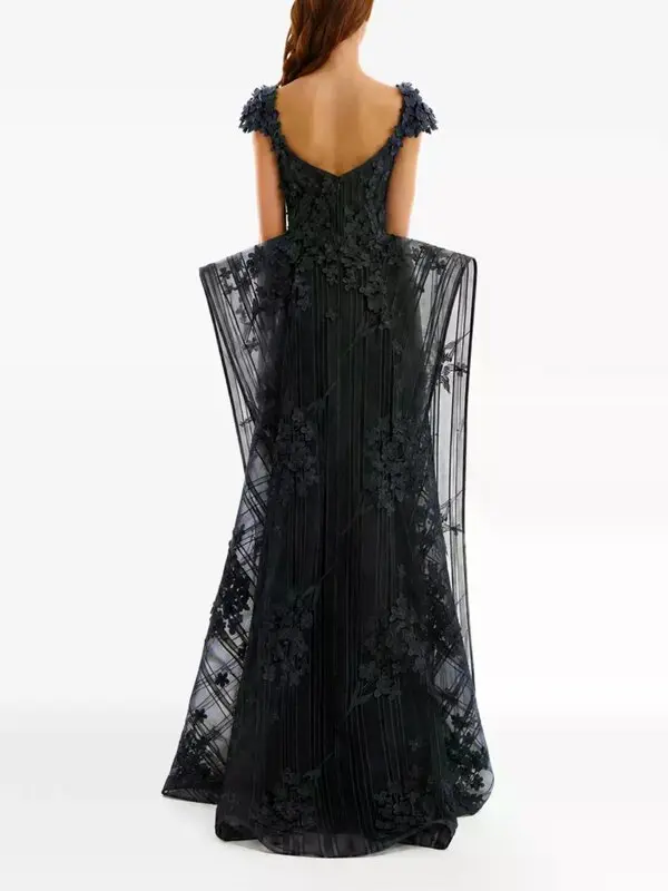 GEMY MAALOUF Floral-embroidered Cap-sleeve Gown