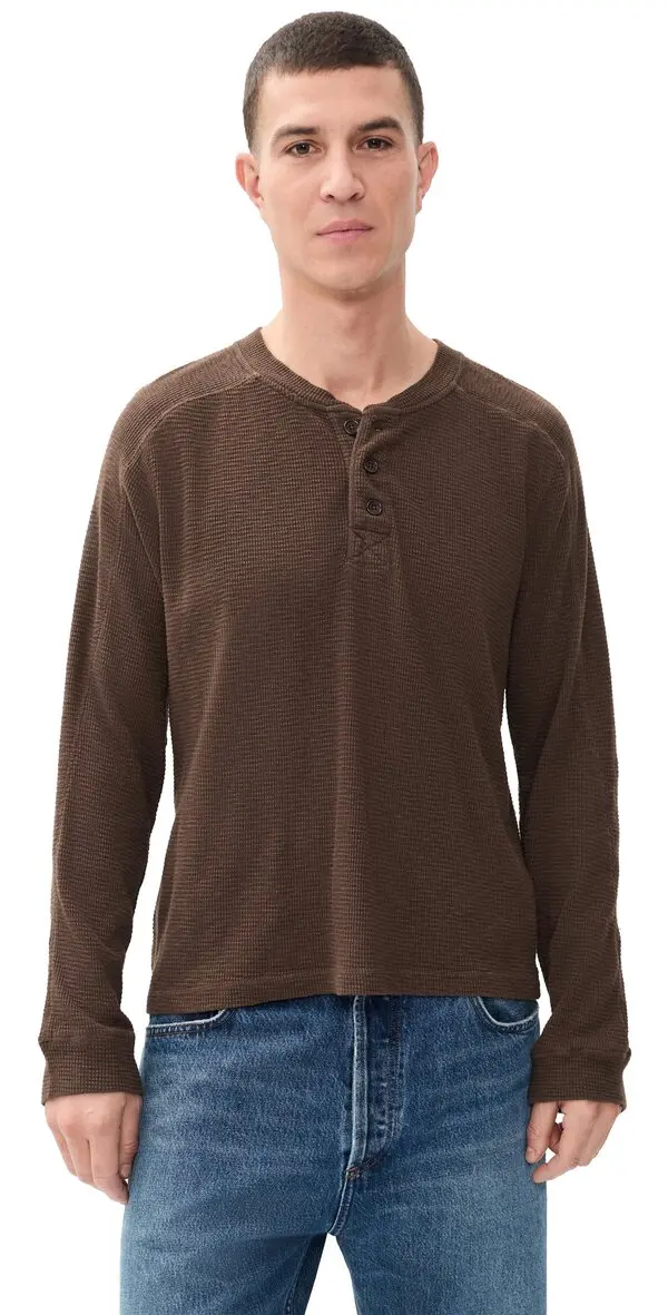 ALEX MILL Waffle Henley Tee - Roasted Bean