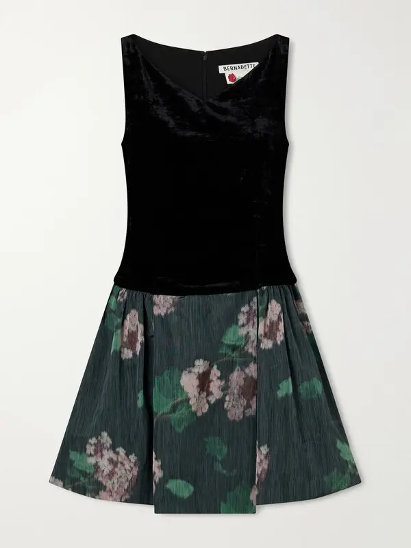 Bernadette Yael Pleated Floral-print Velvet And Taffeta Mini Dress - Multi