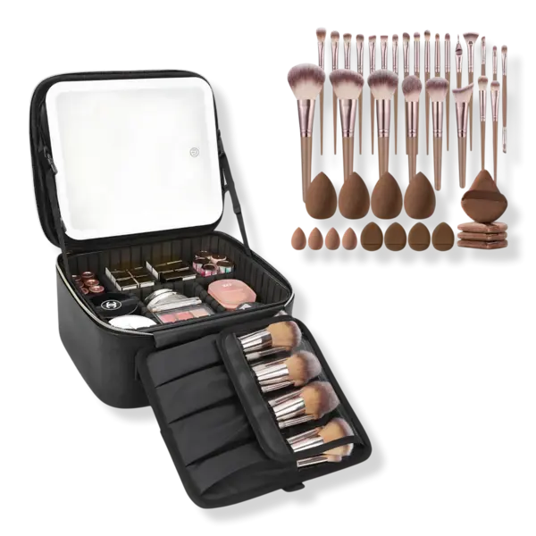 COSMOGLO Makeup Case With Brush & Sponge Set - Black