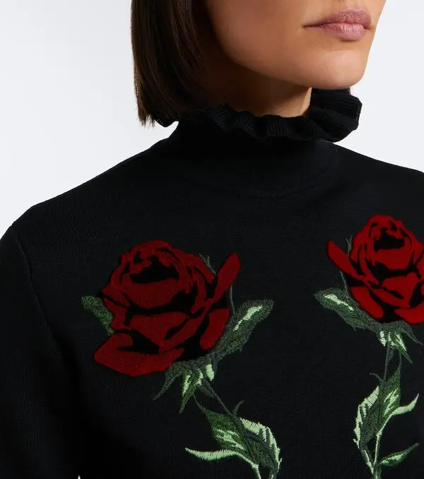 Blumarine Embroidered Ruffled Virgin Wool Sweater