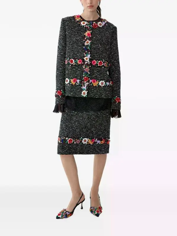 Carolina Herrera Floral-embroidered Tweed Midi Skirt