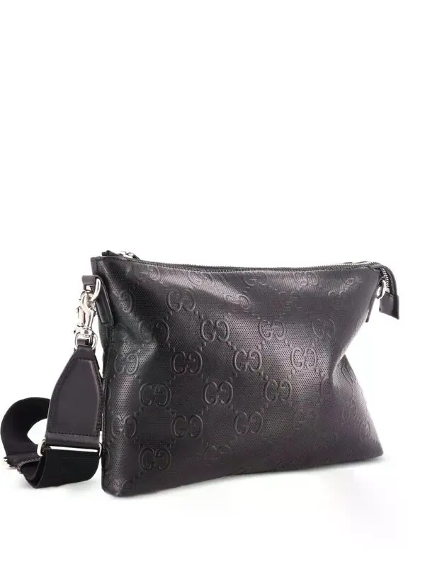 Gucci Convertible Messenger Bag Gg Embossed Perforated Leather Medium Clutch Bag - Black