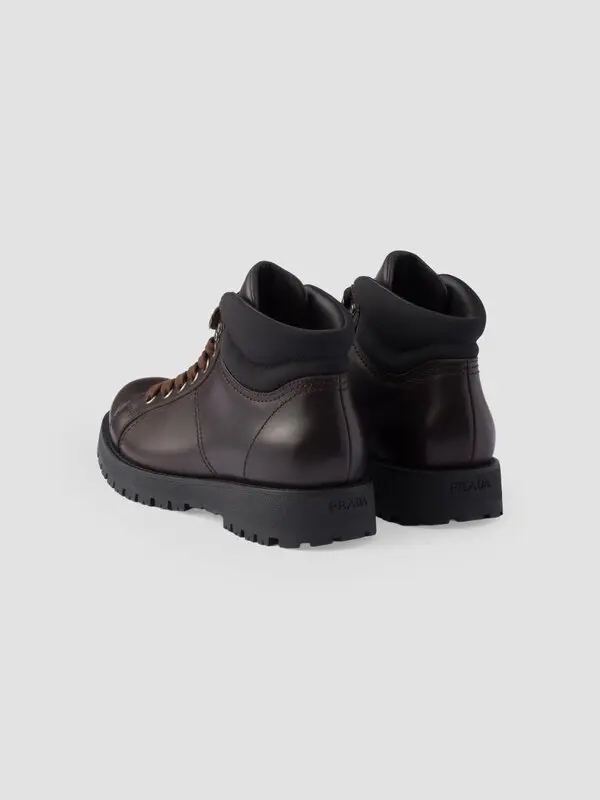 Prada Lace-up Leather And Re-nylon Booties - Brown