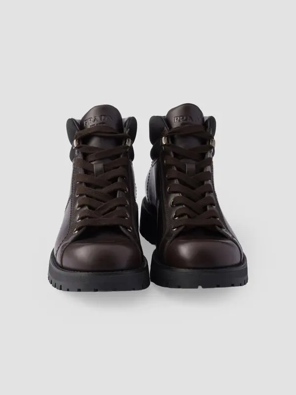 Prada Lace-up Leather And Re-nylon Booties - Brown