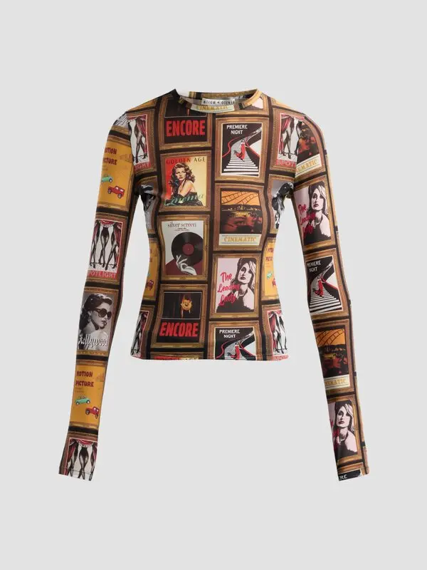 Alice + Olivia Delaina Printed Long-sleeve Crewneck Top - Silver Screen