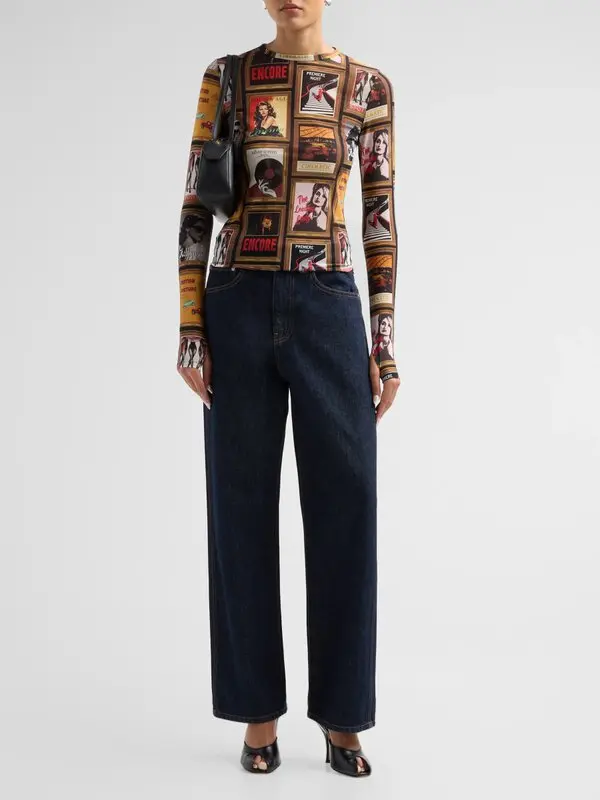 Alice + Olivia Delaina Printed Long-sleeve Crewneck Top