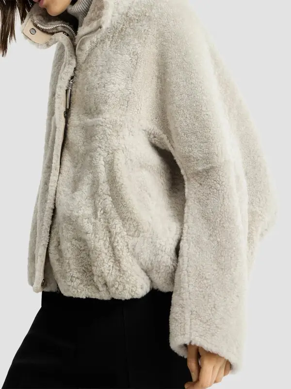 Brunello Cucinelli Fuzzy Shearling Outerwear Coat With Monili