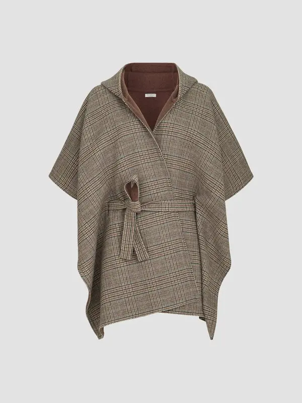 Brunello Cucinelli Hand-crafted Reversible Hooded Poncho In Cashmere Prince Of Wales Double Cloth - Brown