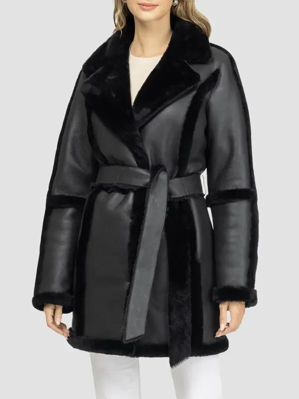 Gorski Merino Shearling Lamb Stroller Coat With Spill Seam, Belt - Black