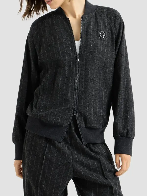 Brunello Cucinelli Comfort Virgin Wool Dazzling Chalk Stripe Sweatshirt With Logo