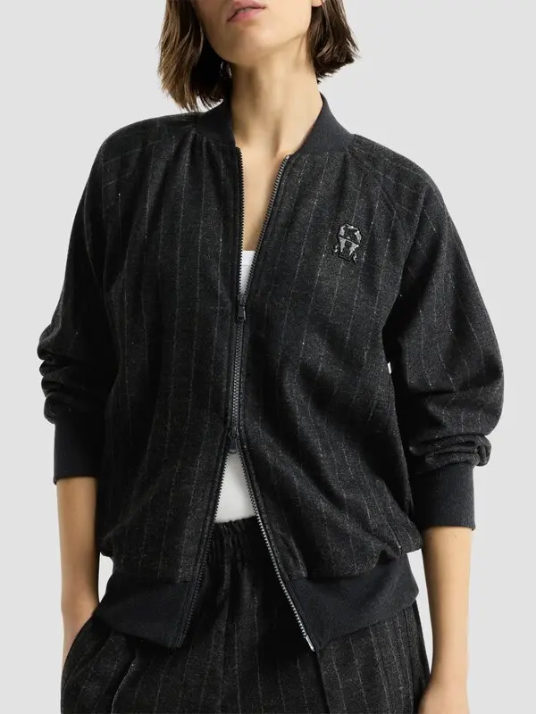 Brunello Cucinelli Comfort Virgin Wool Dazzling Chalk Stripe Sweatshirt With Logo