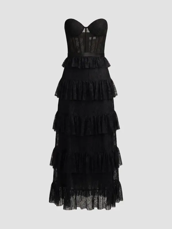 Mac Duggal Ruffled Bustier Lace Strapless Midi Dress