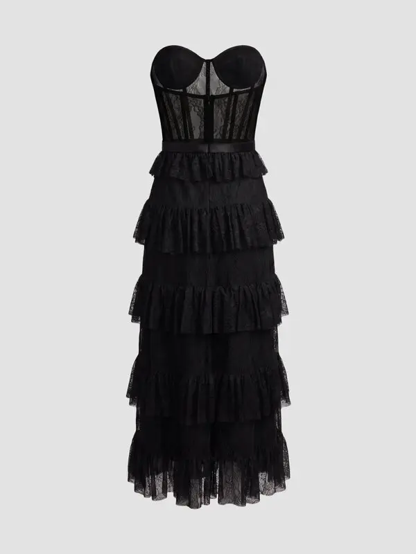 Mac Duggal Ruffled Bustier Lace Strapless Midi Dress